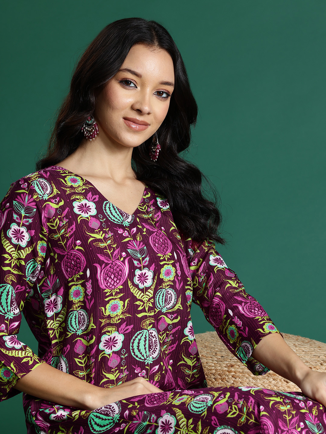 Buy Sangria Floral Print Kurta With Trousers - Kurta Sets for Women ...