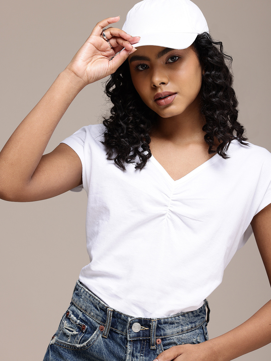 Buy The Roadster Life Co. V Neck Gather Detailed Extended Sleeves Pure ...