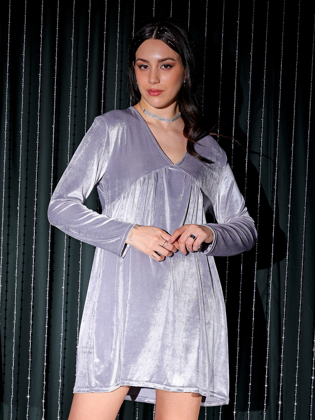 Buy Freehand By The Indian Garage Co V Neck Velvet A Line Dress ...