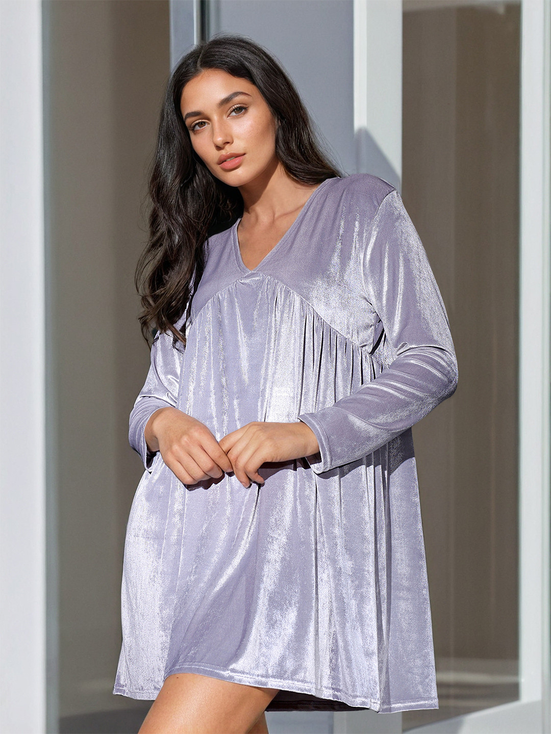 Buy Freehand By The Indian Garage Co V Neck Velvet A Line Dress ...