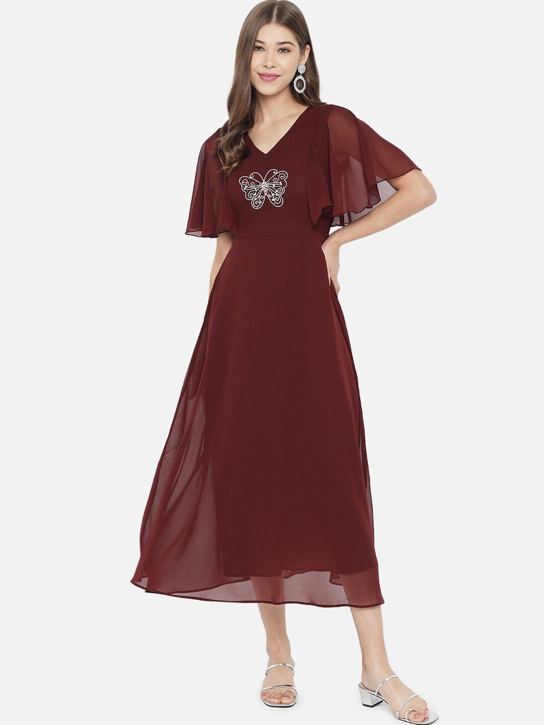 Buy Slenor Flared Sleeve Georgette Fit & Flare Midi Dress - Dresses for ...