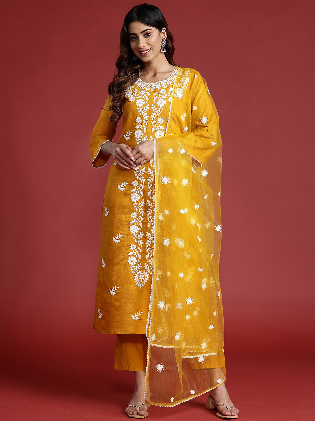 Buy Tikhi Imli Women Floral Yoke Design Regular Thread Work Kurta With ...