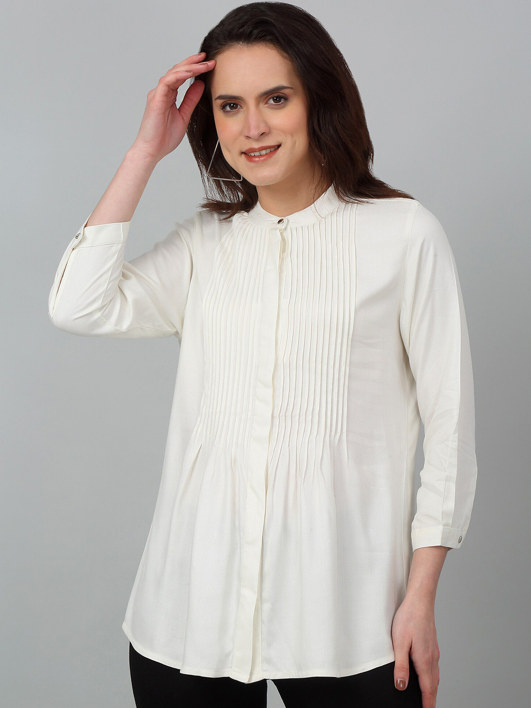 Buy Cantabil Band Collar Pleated Detailed Tunic - Tunics for Women ...