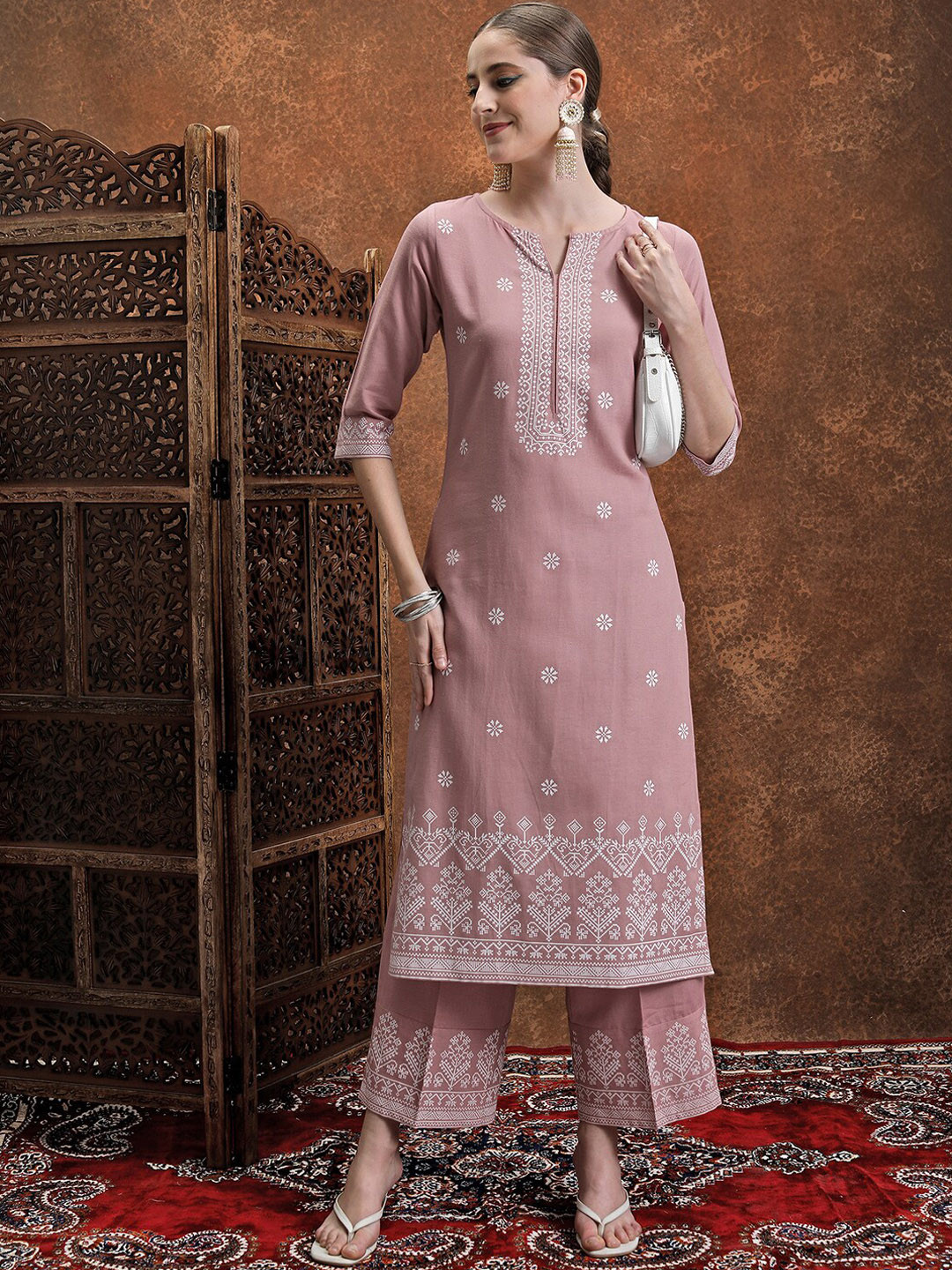 Buy Vishudh White Ethnic Motifs Printed Straight Kurta With Palazzo ...