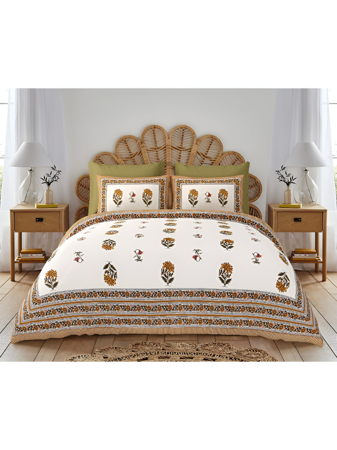 Buy Block Print Story Off White Floral 210 TC Cotton King Bedsheet With ...