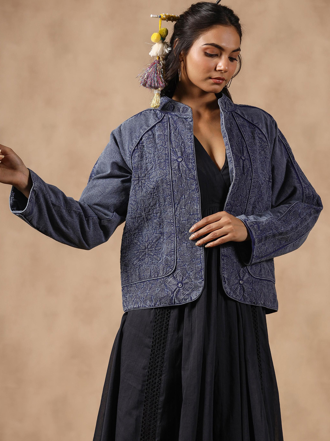 Buy Nyaro Floral Embroidered Mirror Work Denim Jacket - Jackets for ...