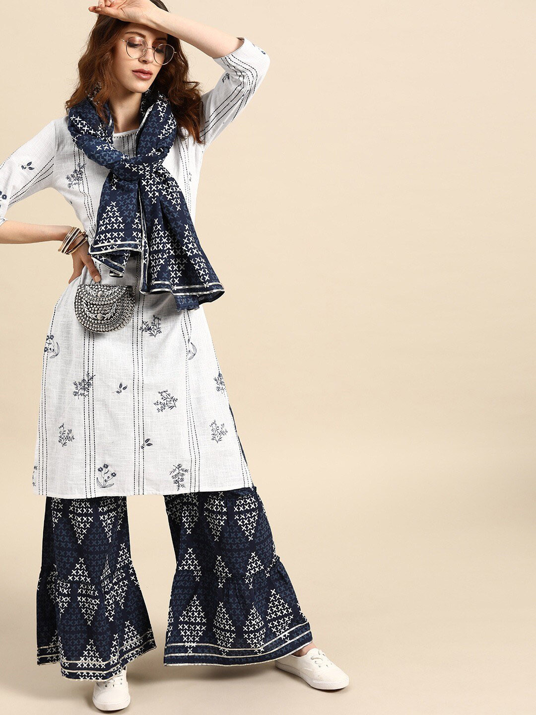 Buy All About You Ethnic Motifs Embroidered Gotta Patti Pure Cotton Kurta & Sharara & Dupatta ...