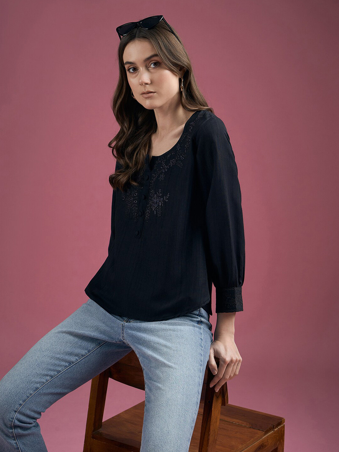 Buy DressBerry Embellished Cotton Round Neck Cuffed Sleeves Embroidered ...