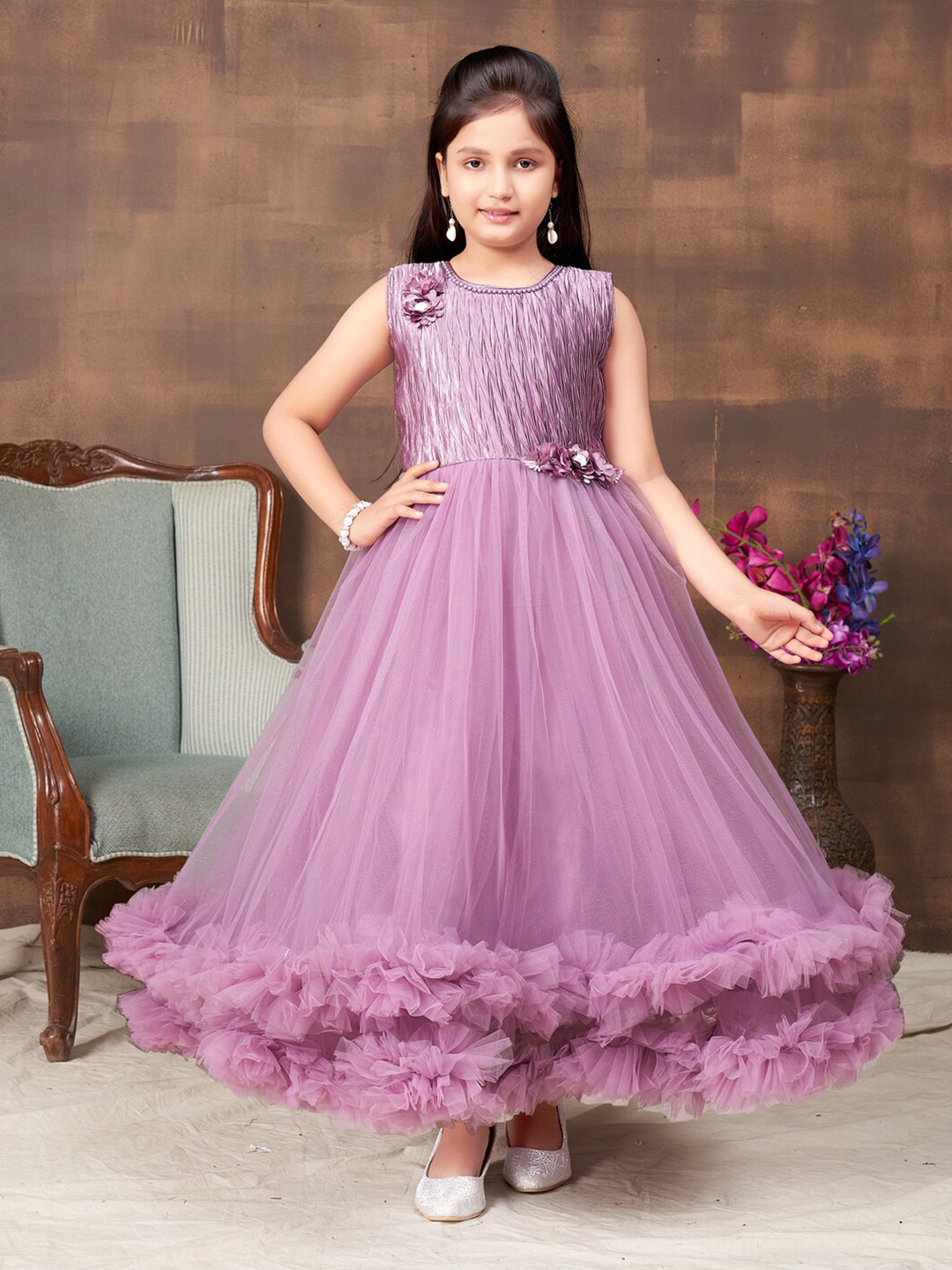 Buy BAESD Girls Self Design Round Neck Sleeveless Net Fit & Flare Maxi ...