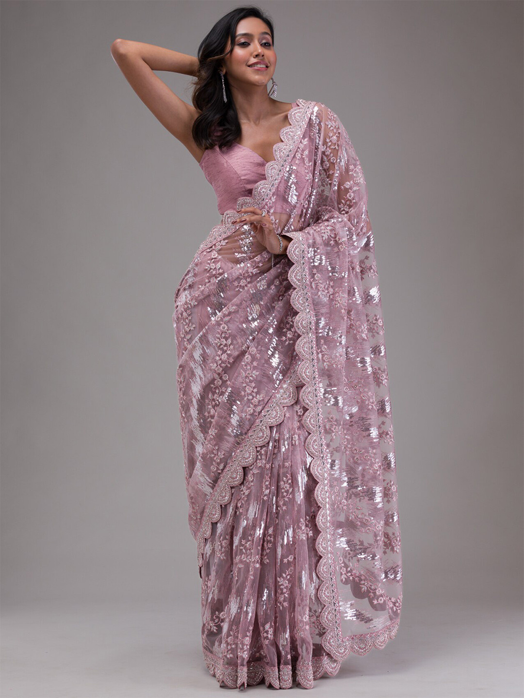 Buy Koskii Floral Embroidered Sequinned & Thread Work Net Saree ...