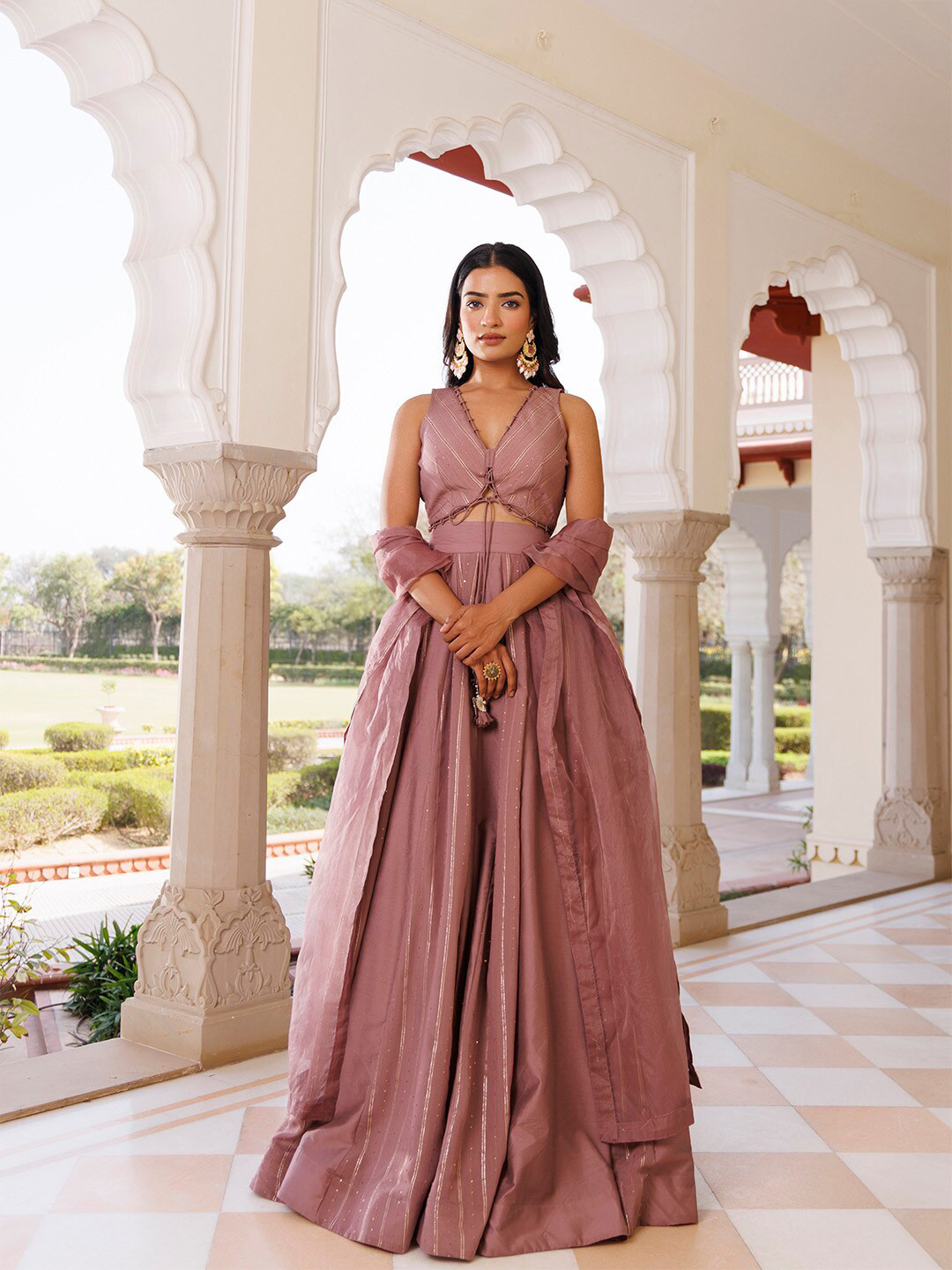 Buy Ragavi Sequinned Foil Print Ready To Wear Lehenga & Blouse With ...