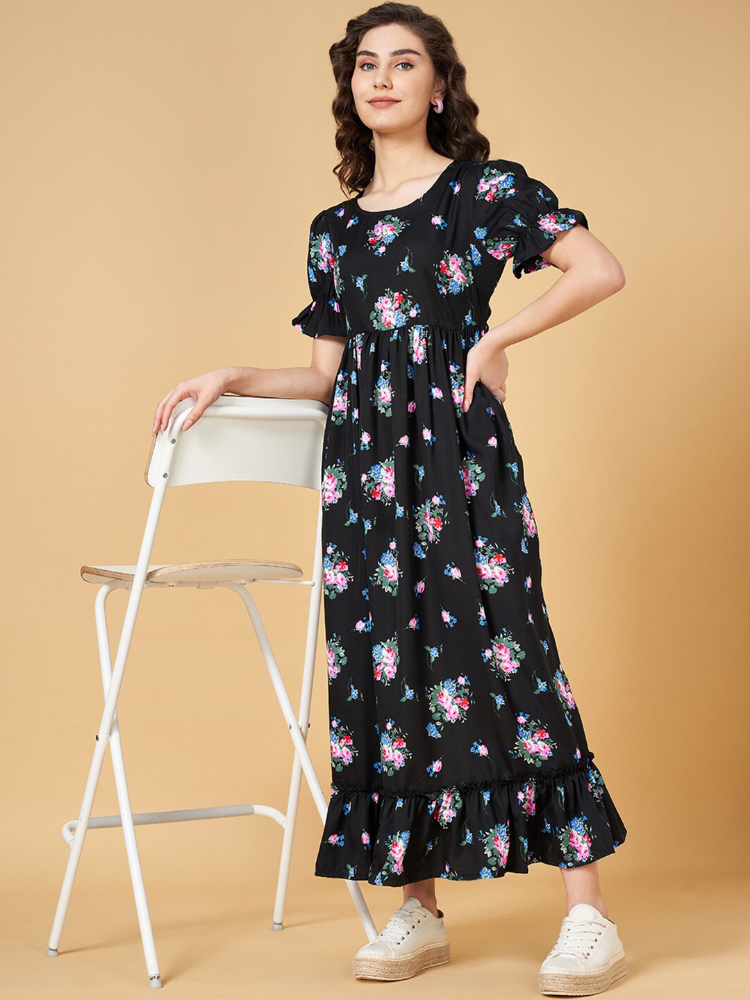 Buy YU By Pantaloons Floral Printed Puffed Sleeves Tiered Fit And Flare ...