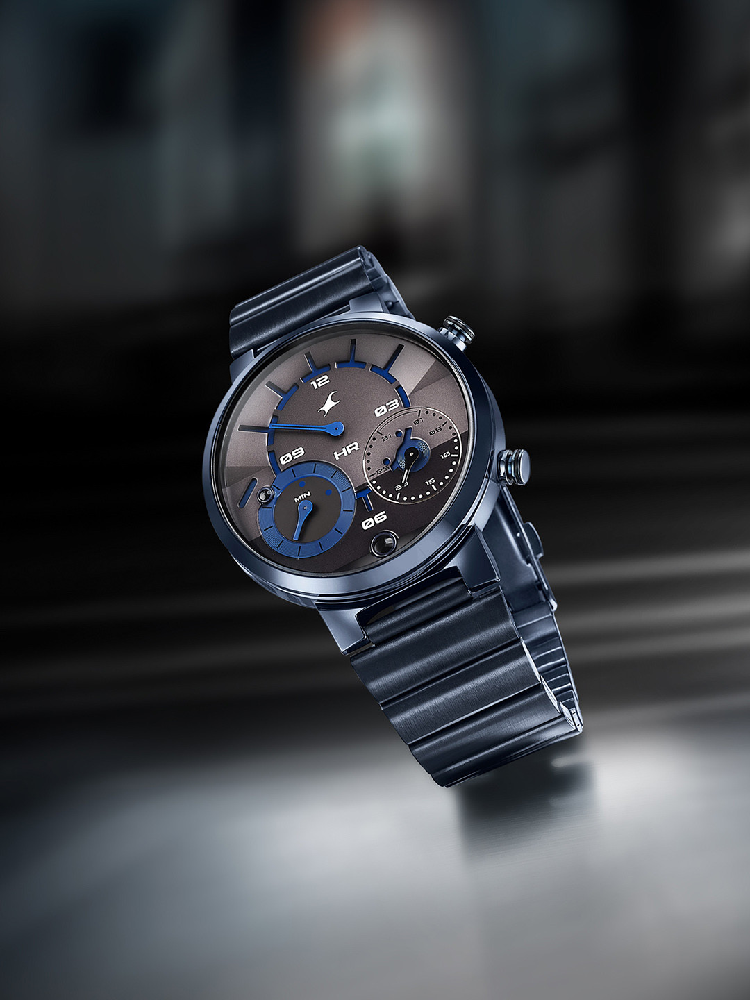 Buy Fastrack Gambit Micromotor Black Dial Blue Metal Strap Analog Watch ...