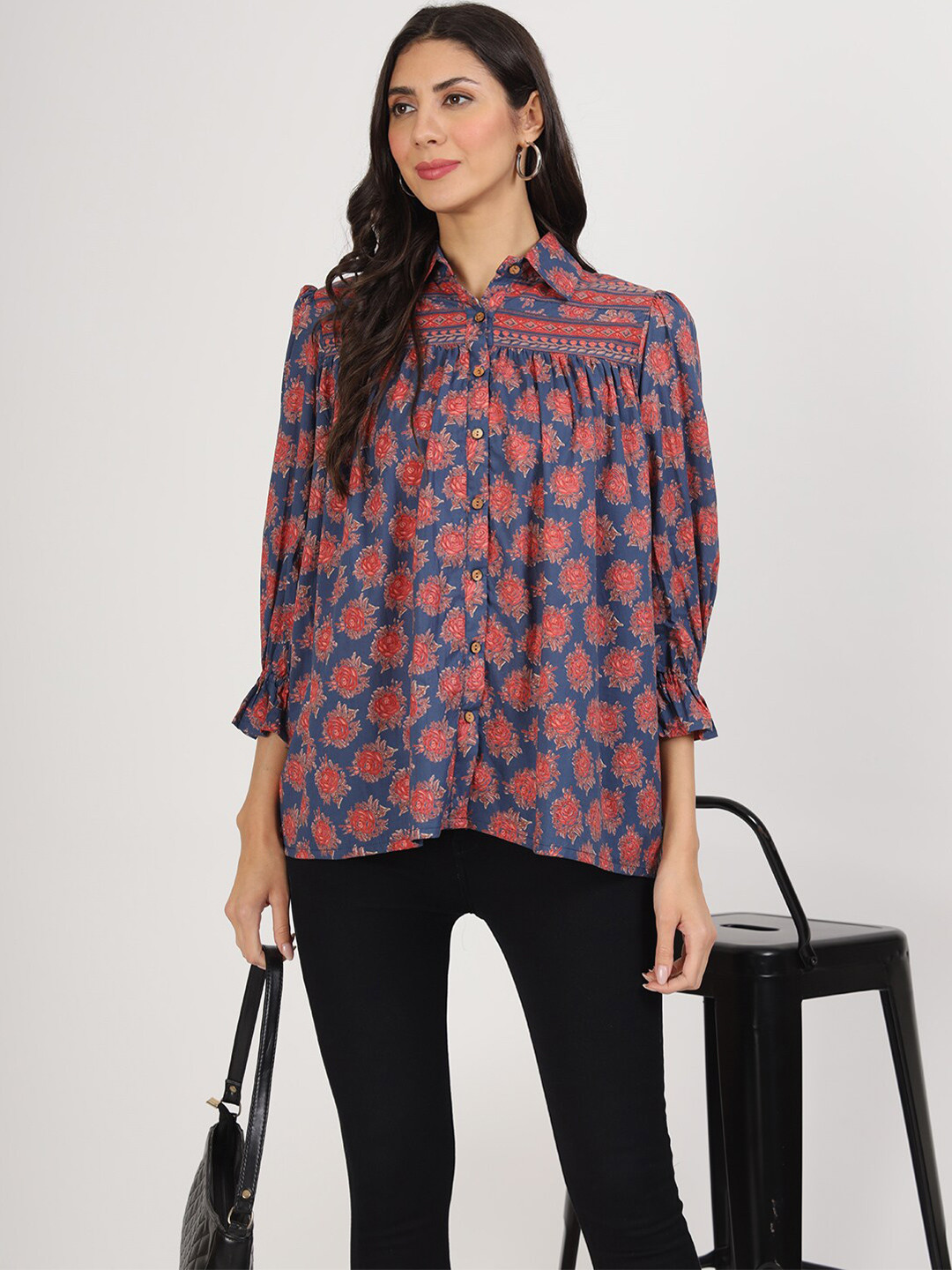 Buy KALINI Floral Printed Cuffed Sleeves Gathered Cotton Shirt Style ...