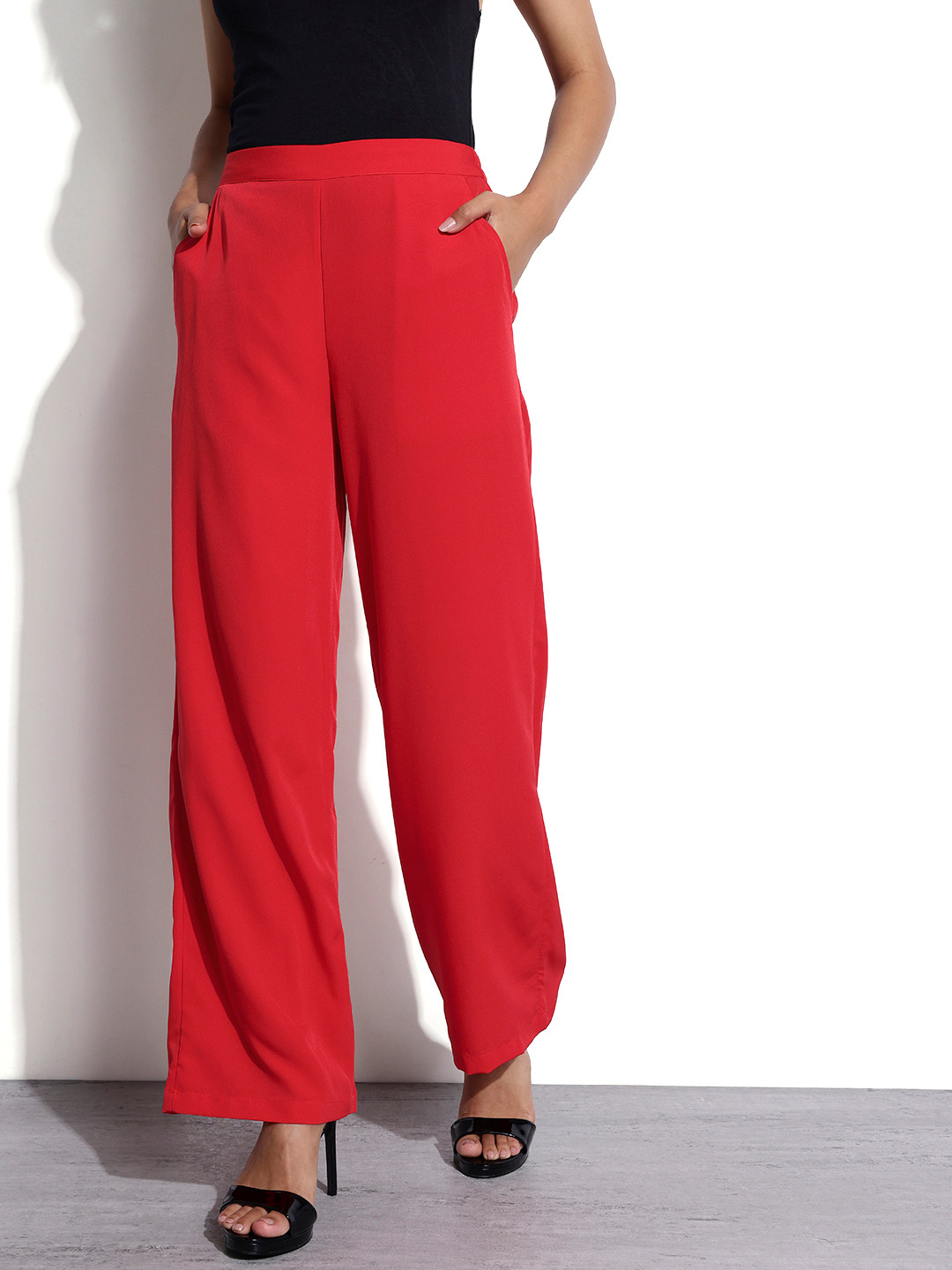 Buy DressBerry Women Cherry Red Smart Staple Parallel Trousers ...