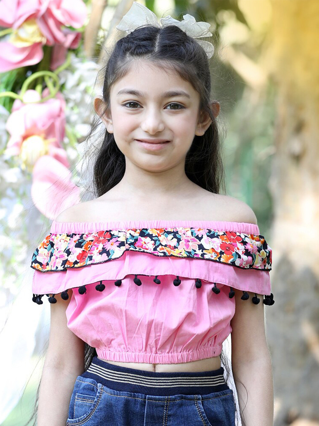 Buy Cutiekins Girls Floral Printed Off Shoulder Cotton Bardot Crop Top ...