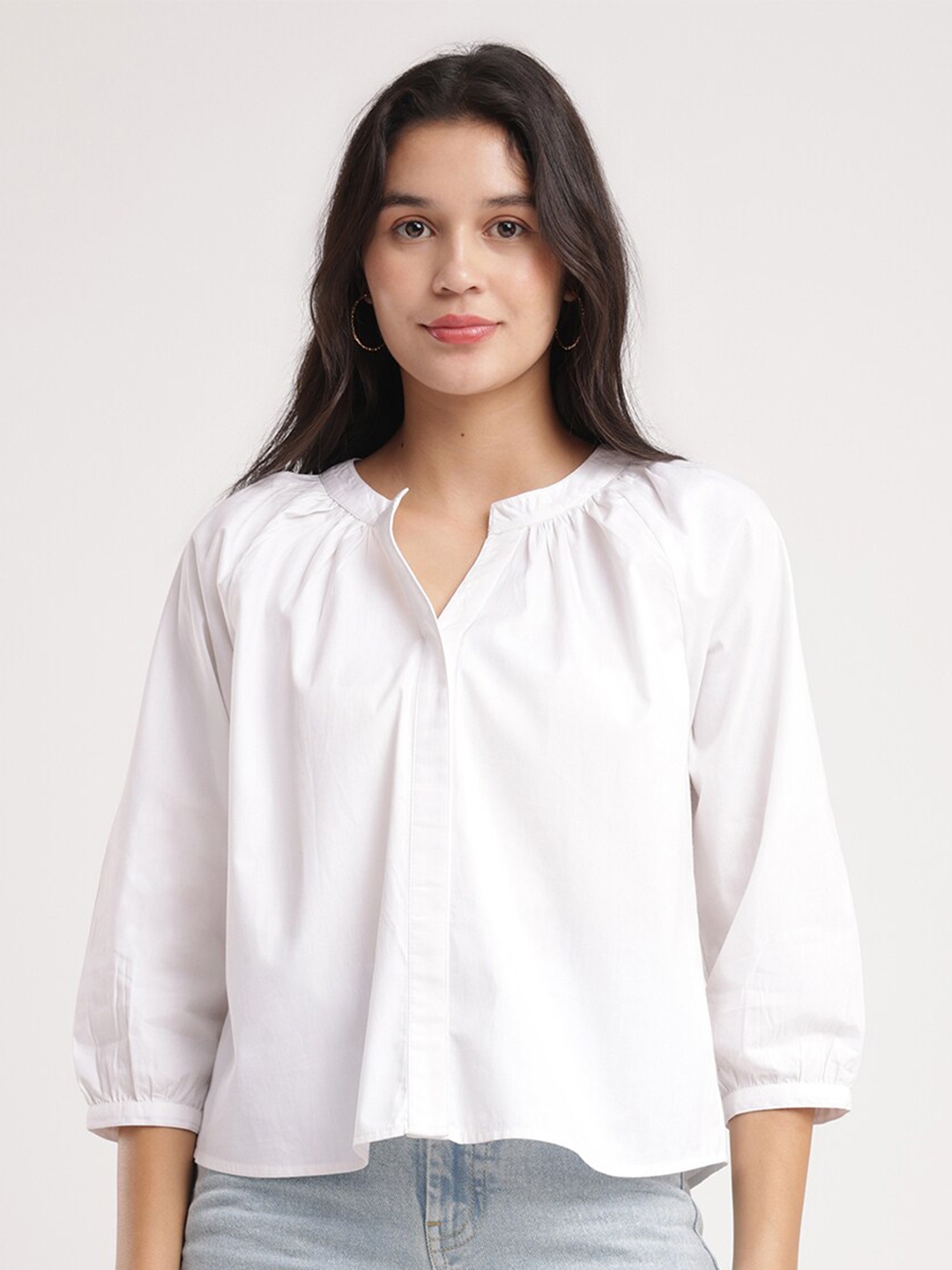 Buy Fablestreet Mandarin Collar Cuffed Sleeves Pure Cotton Top Tops