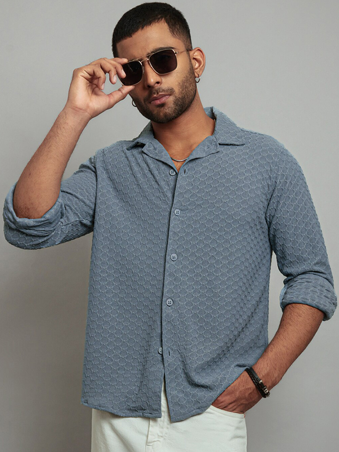Buy Powerlook India Slim Self Designed Spread Collar Casual Shirt ...