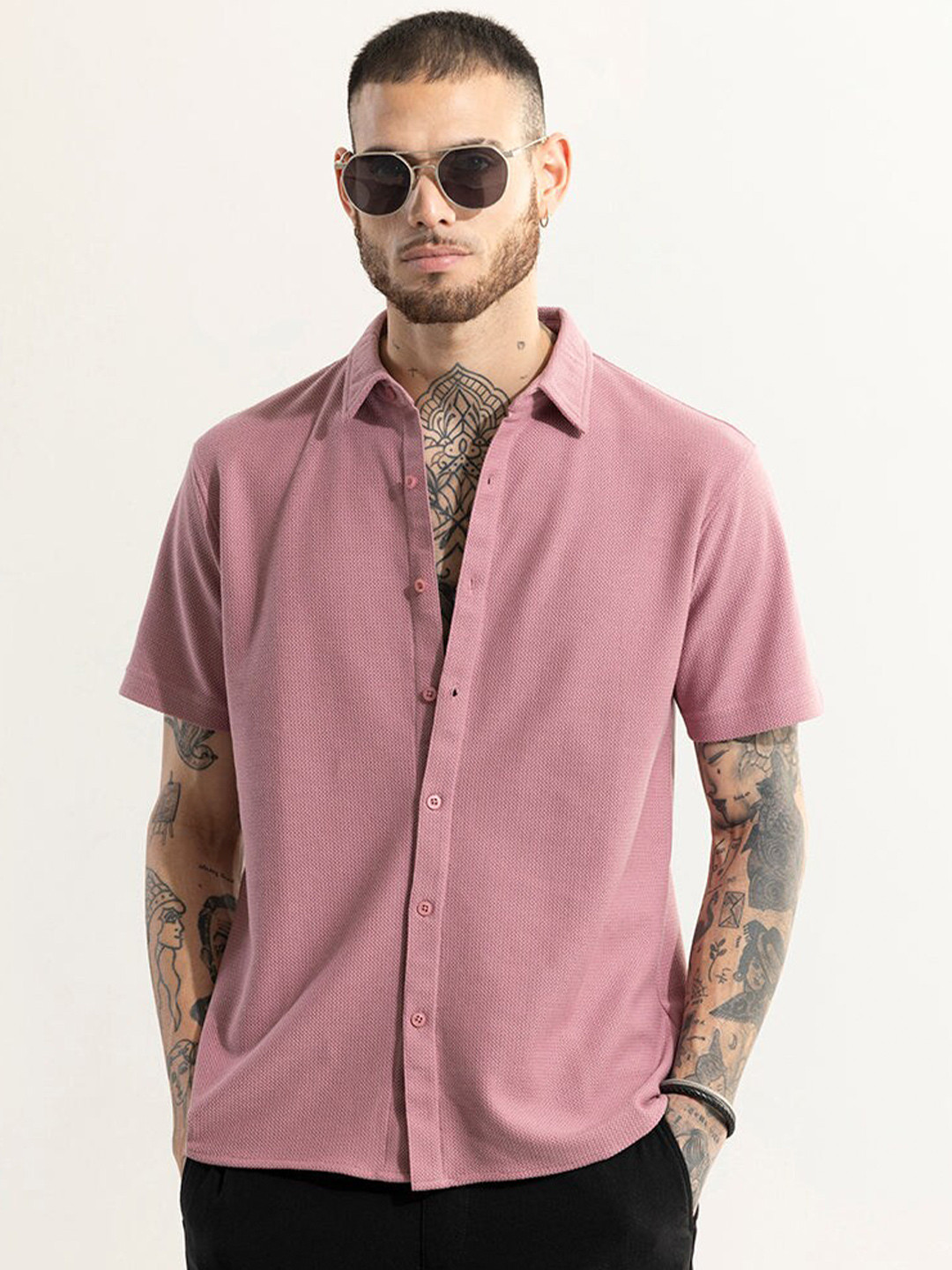 Buy Snitch Pink Classic Self Design Casual Shirt - Shirts for Men ...