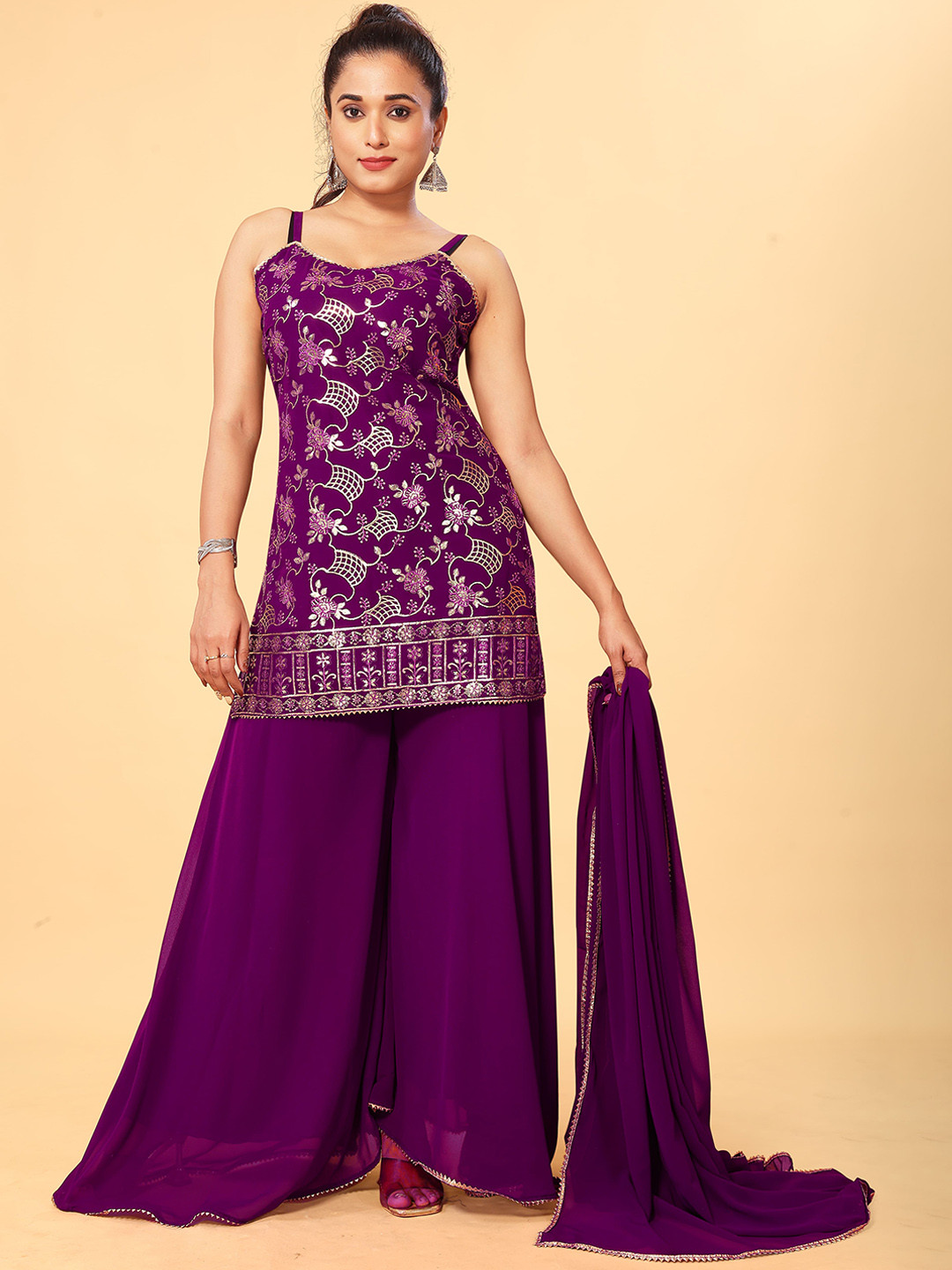 Buy ODD BY Chansi TRENDZ Ethnic Motifs Embroidered Thread Work Kurta With Palazzos & Dupatta ...