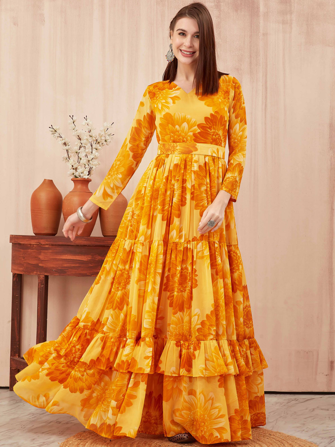 Buy ODD BY Chansi TRENDZ Floral Printed Belted Georgette Layered Tiered ...