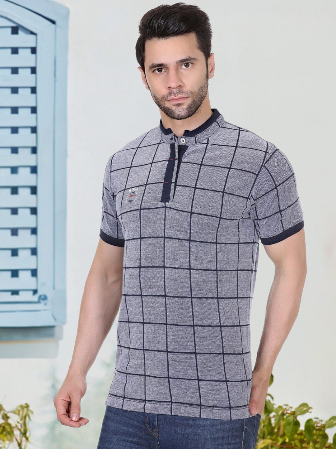 Buy AXMANN Checked Band Collar Cotton T Shirt - Tshirts for Men ...