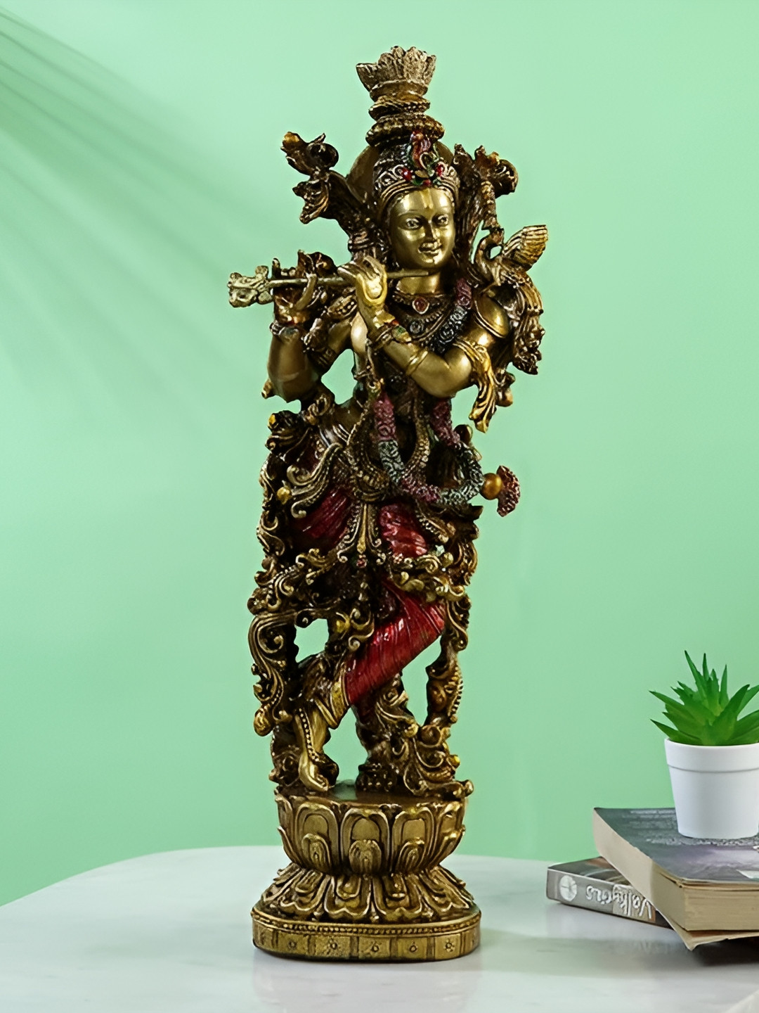 Buy CraftVatika Gold Toned & Red Krishna Religious Idol Showpiece ...