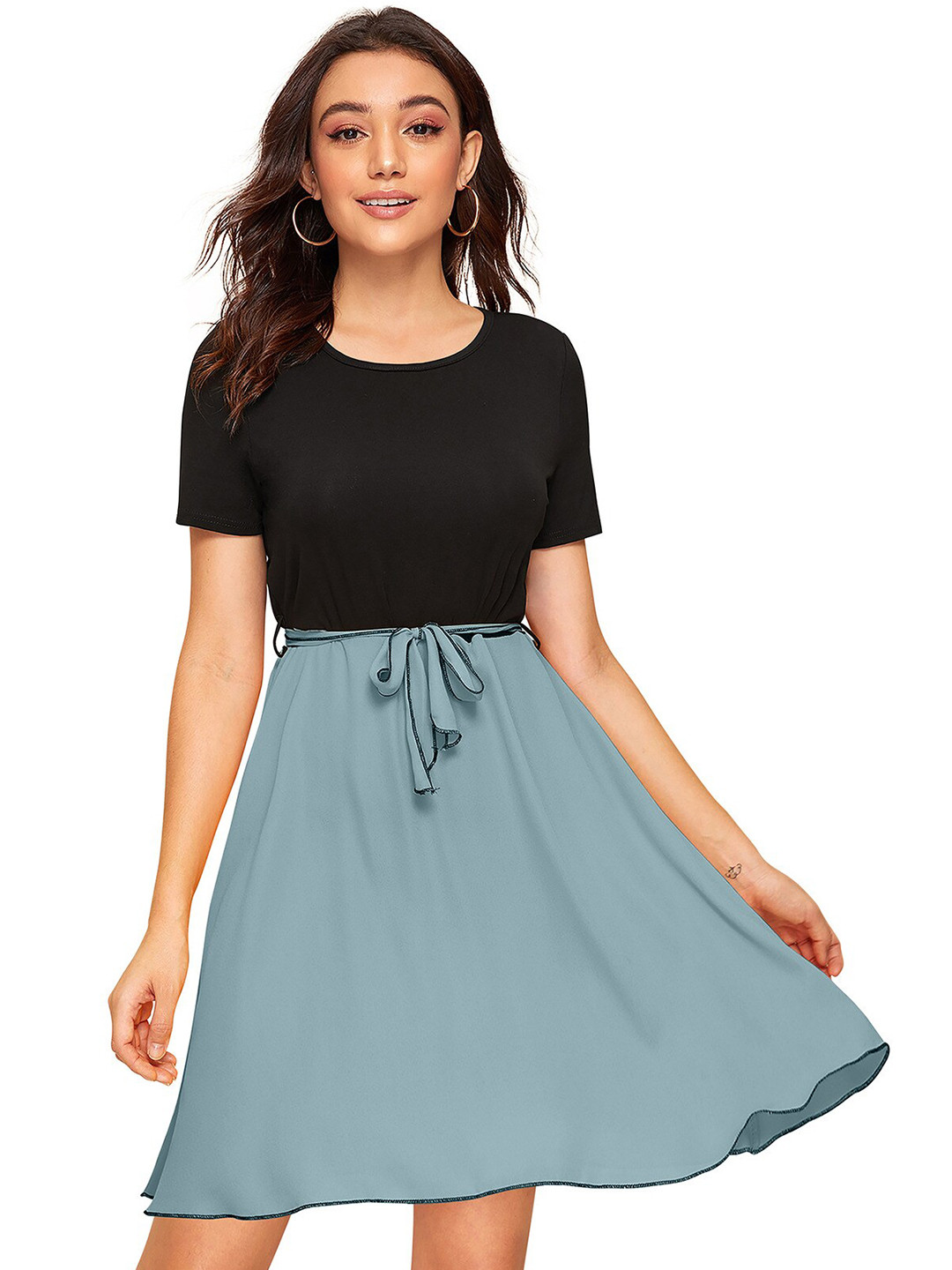 Buy ODETTE Colourblocked Round Neck Acrylic Fit & Flare Dress - Dresses ...