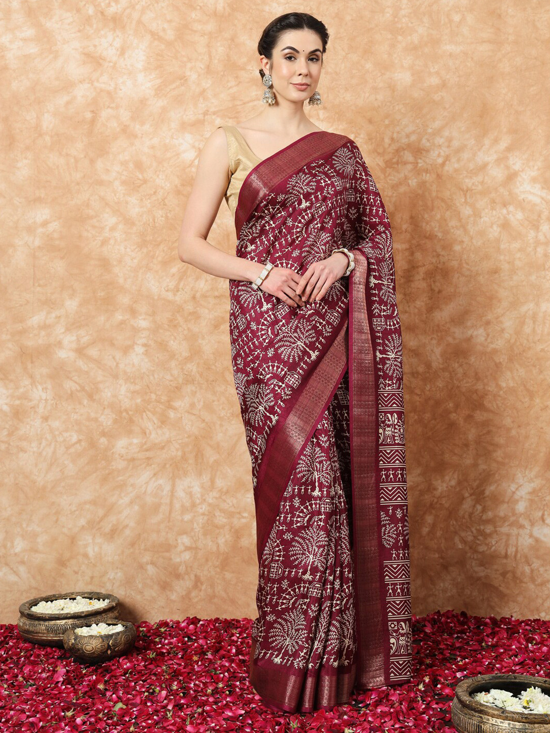 Buy Stylefables Warli Printed Zari Art Silk Mysore Silk Saree - Sarees ...