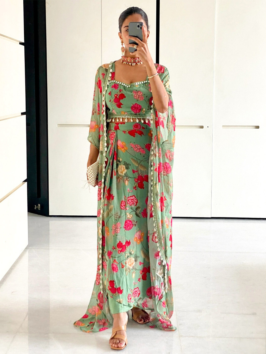 Buy LABEL KANUPRIYA Printed Shoulder Straps Top & Skirt With Shrug - Co ...