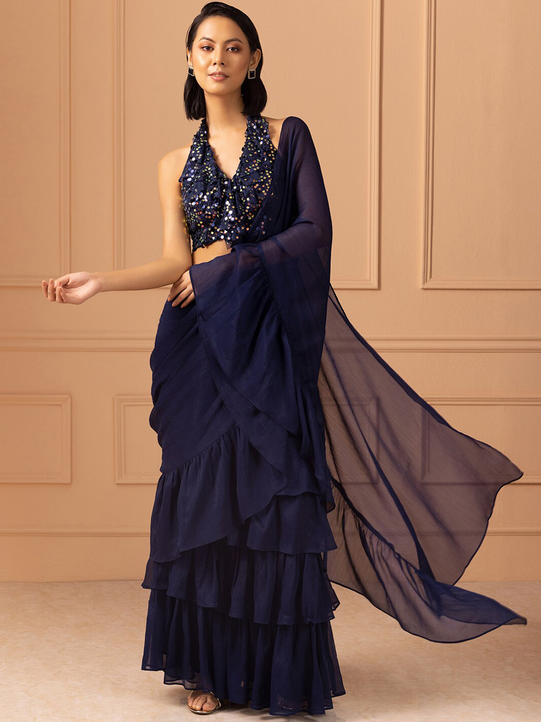 Buy Indya Luxe Ruffled Pre Stitched Ready To Wear Saree - Sarees for ...