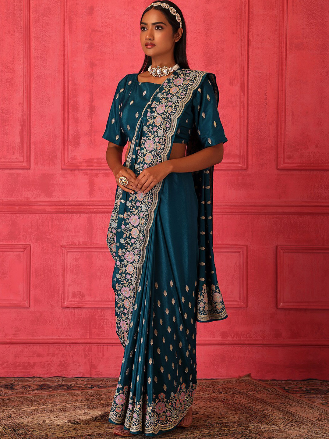 Buy Indya Luxe Ethnic Motifs Embroidered Pure Ready To Wear Crepe Saree ...