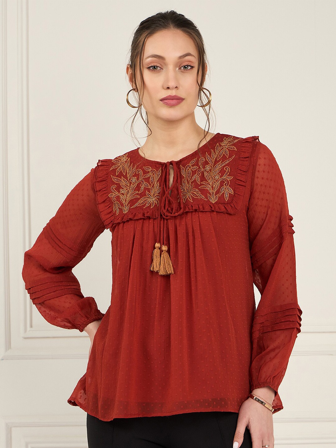 Buy Antheaa Tie Up Neck Puff Sleeve Chiffon Top Tops For Women