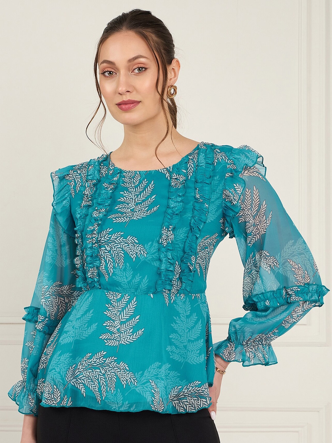 Buy Antheaa Floral Printed Puff Sleeve Chiffon Peplum Top Tops For