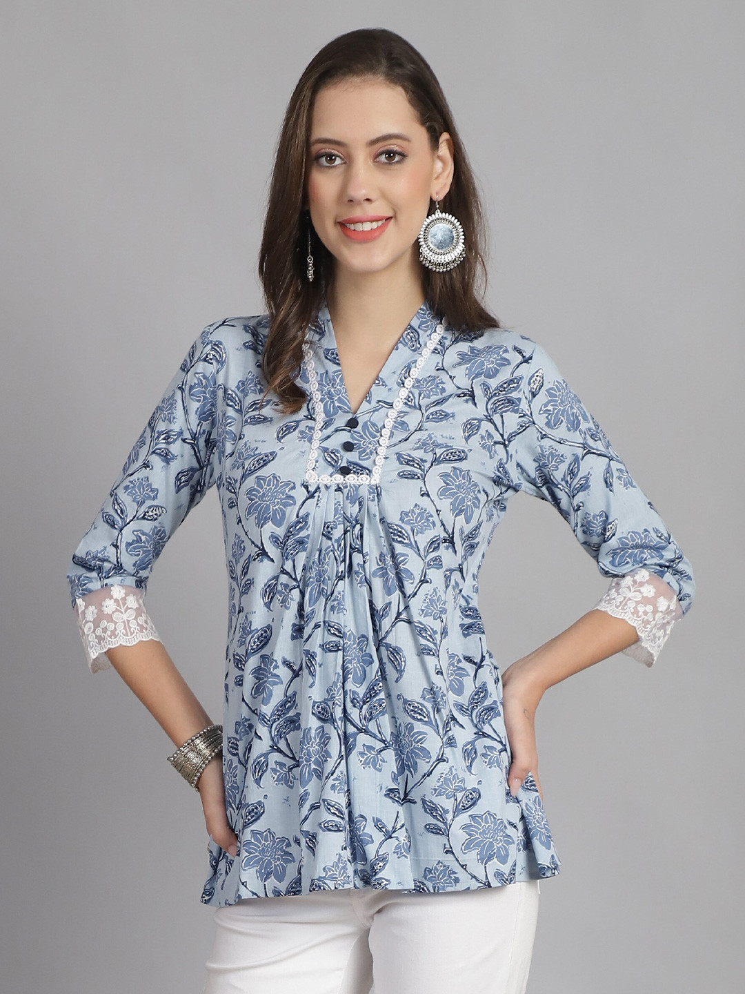 Buy Rajnandini Floral Printed Mandarin Collar Pure Cotton A Line Top ...