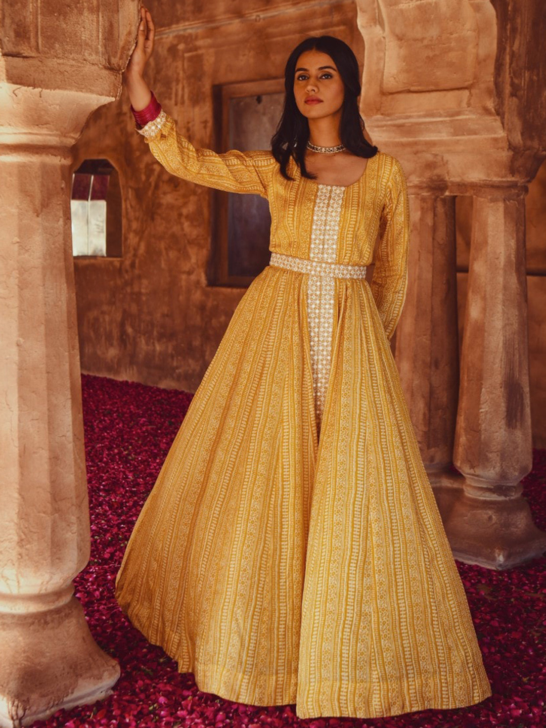 Buy KARAJ JAIPUR Ethnic Motifs Printed Thread Work Kurta & Trousers ...