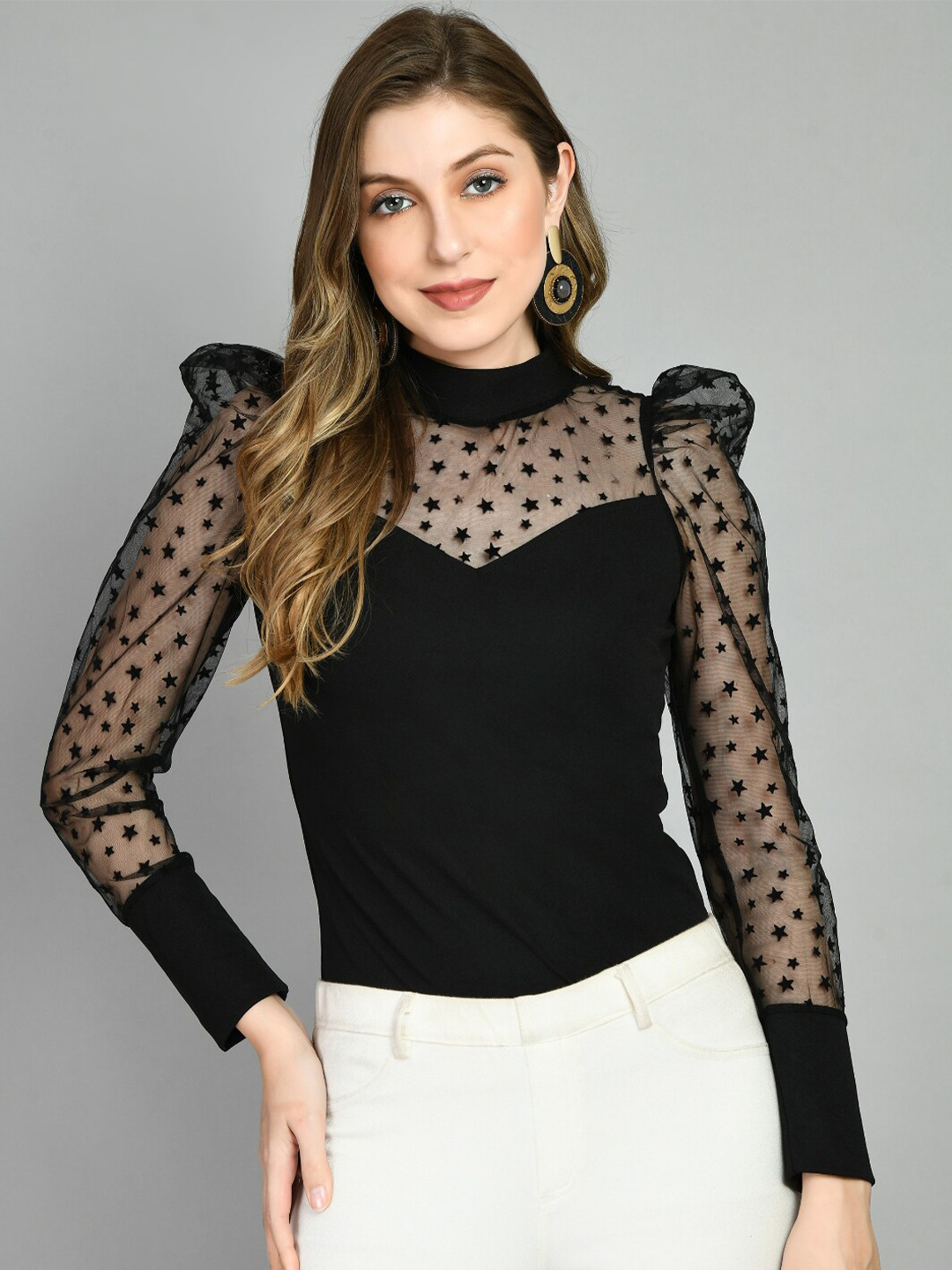 Buy BAESD High Neck Net Puff Sleeves Top - Tops for Women 28249646 | Myntra
