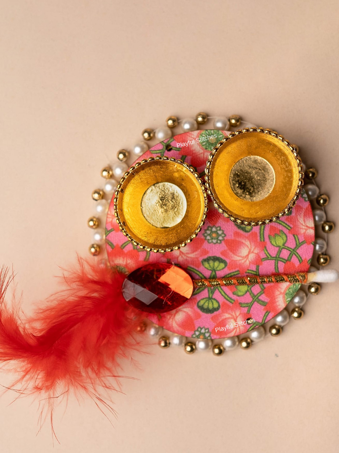 Buy PLAYFUL STITCHES Pink & White Wooden Haldi Kumkum Pooja Thali ...