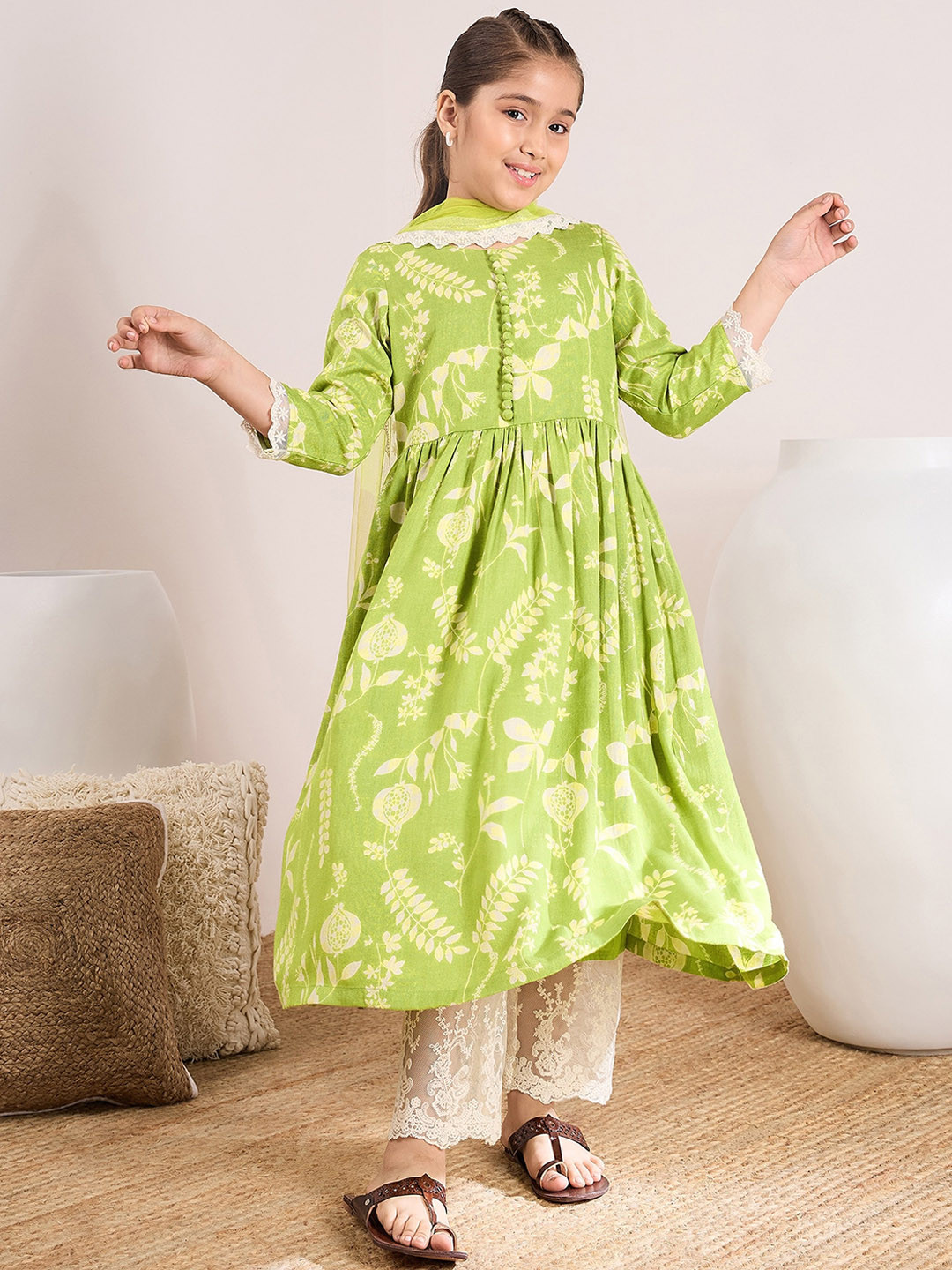 Buy Pspeaches Girls Floral Printed Pleated A Line Kurta With Trousers ...