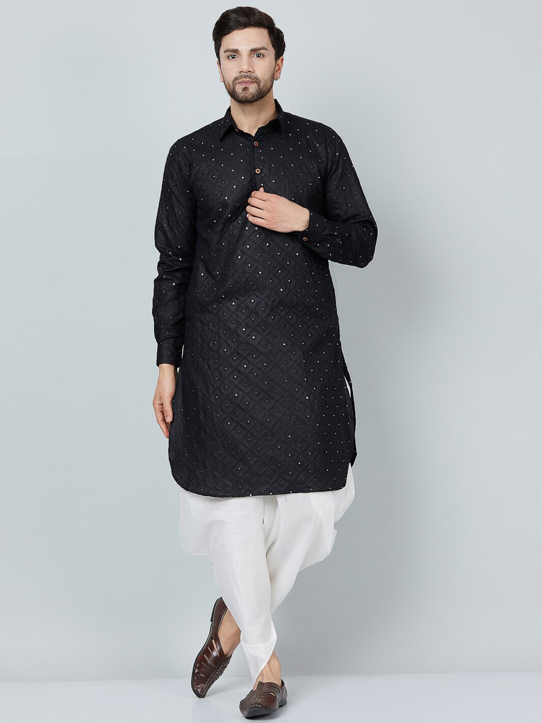 Buy Kaifoo Ethnic Motif Embroidered Sequinned Pathani Kurta With Dhoti ...