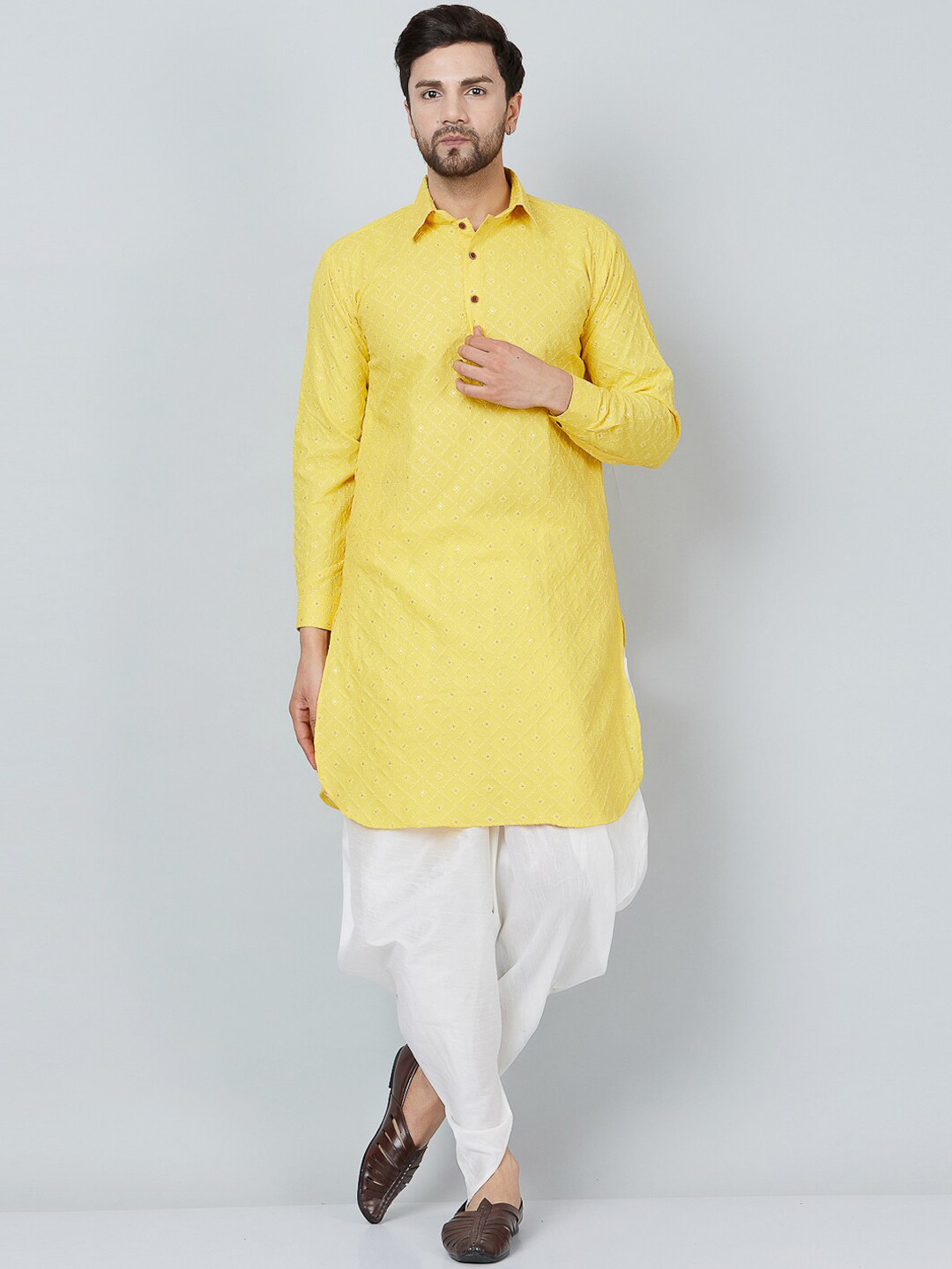 Buy Kaifoo Ethnic Motif Embroidered Sequinned Pathani Kurta With Dhoti ...