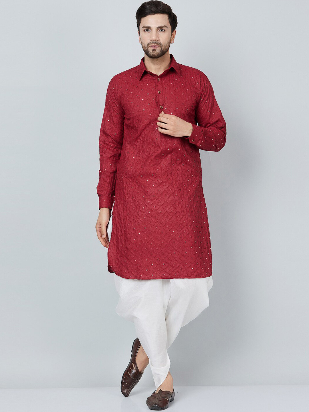 Buy Kaifoo Ethnic Motif Embroidered Sequinned Pathani Kurta With Dhoti ...