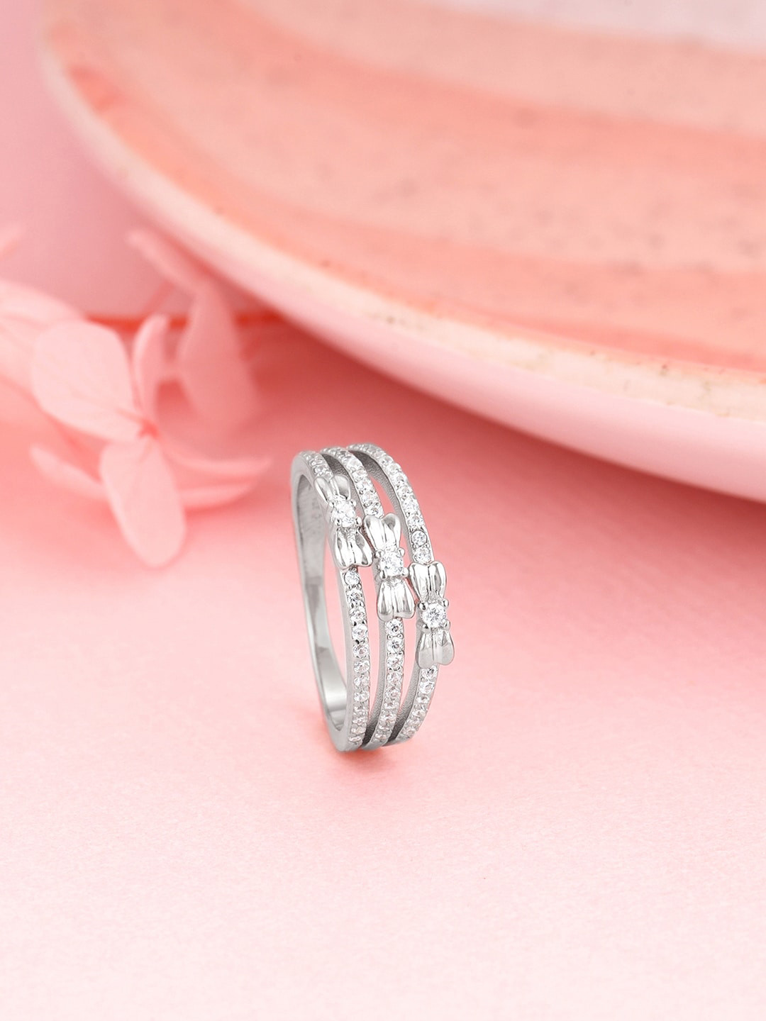 Buy GIVA Rhodium Plated 925 Sterling Silver Layered Bow Finger Ring ...