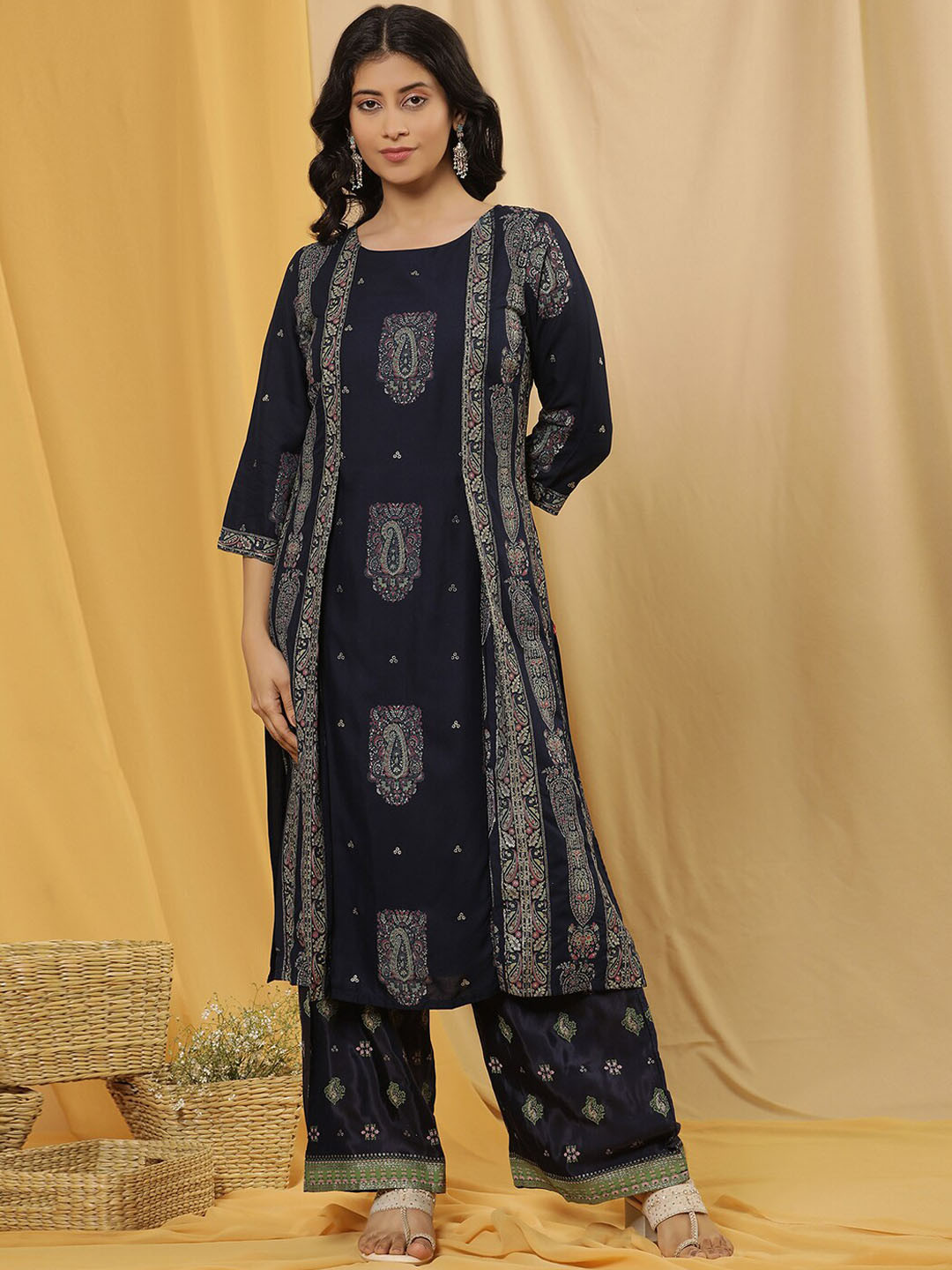 Buy W Ethnic Motifs Printed Round Neck Straight Kurta With Palazzo ...