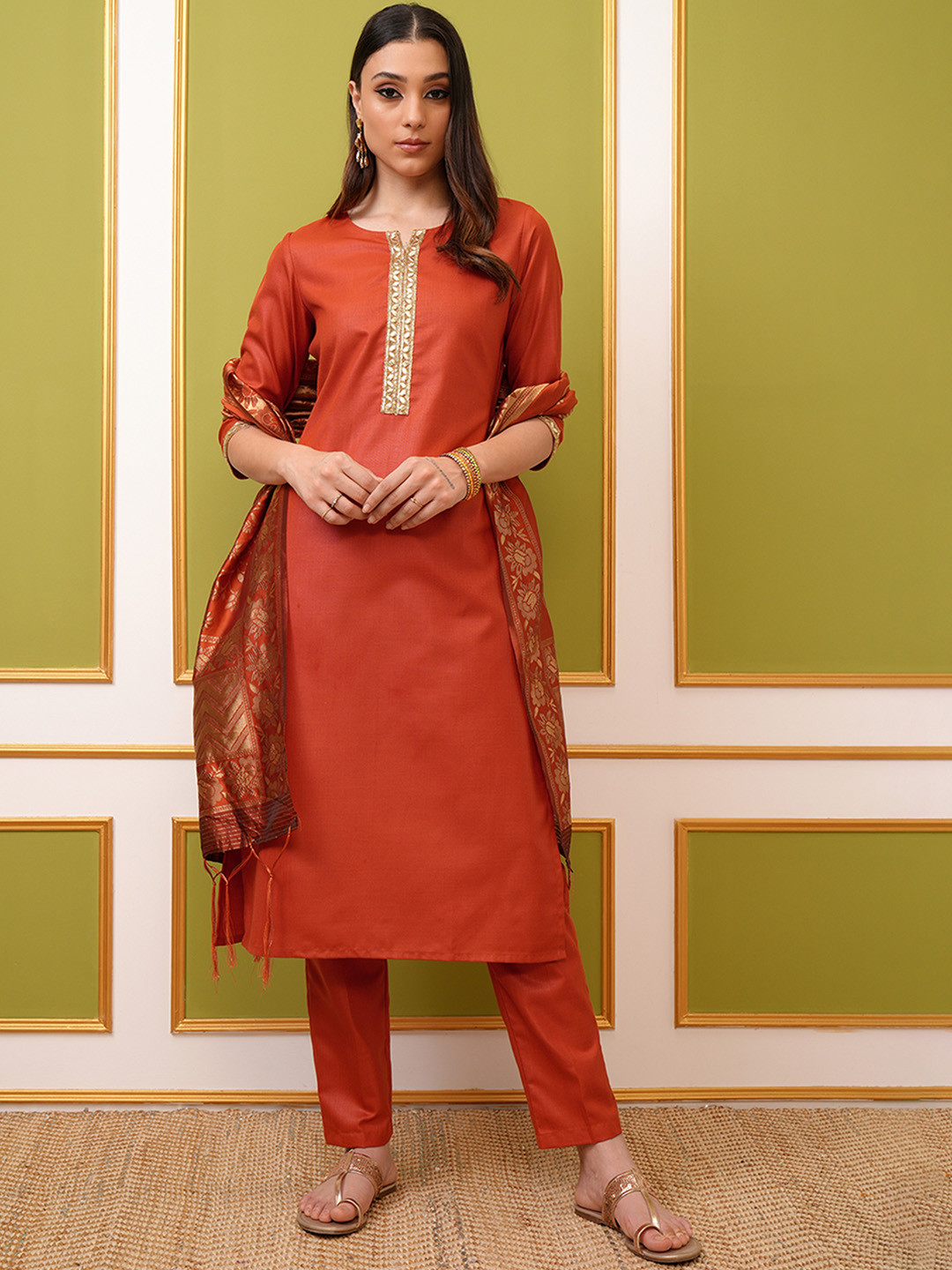 Buy Vishudh Rust Orange Round Neck Embellished Straight Kurta & Trouser ...
