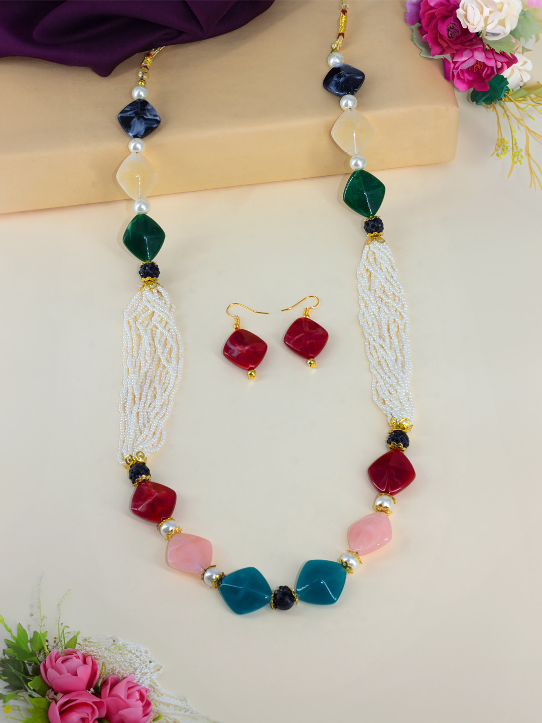 Buy PRIVIU Gold Plated Artificial Beads Beaded Necklace And Earrings ...