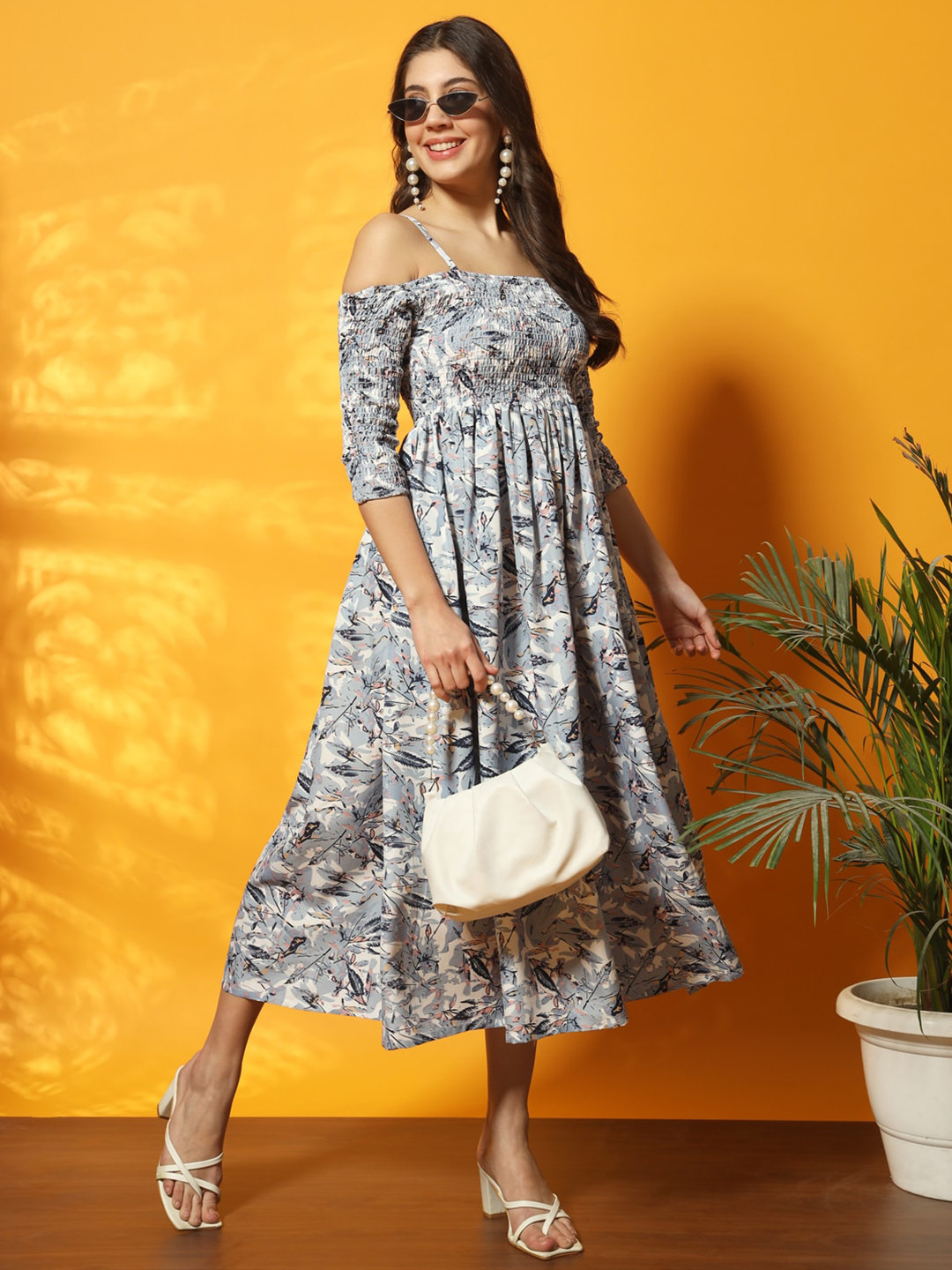 Buy Meeranshi Floral Printed Cold Shoulder Fit And Flare Midi Dress ...