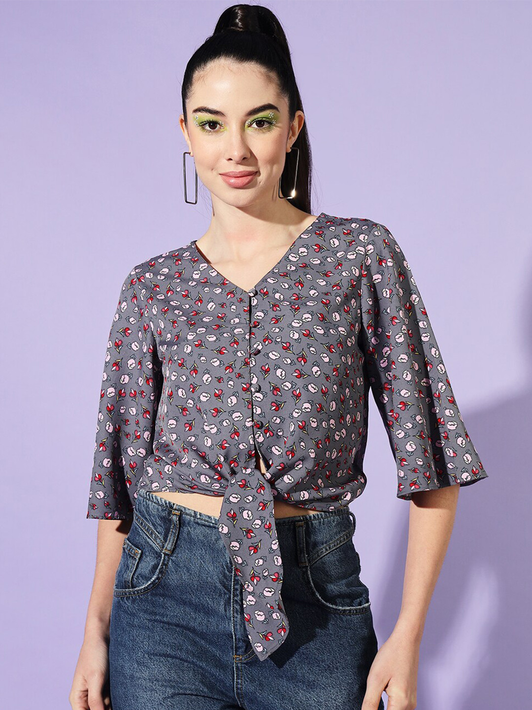 Buy Slenor V Neck Floral Printed Flared Sleeve Crepe Cinched Waist Crop ...