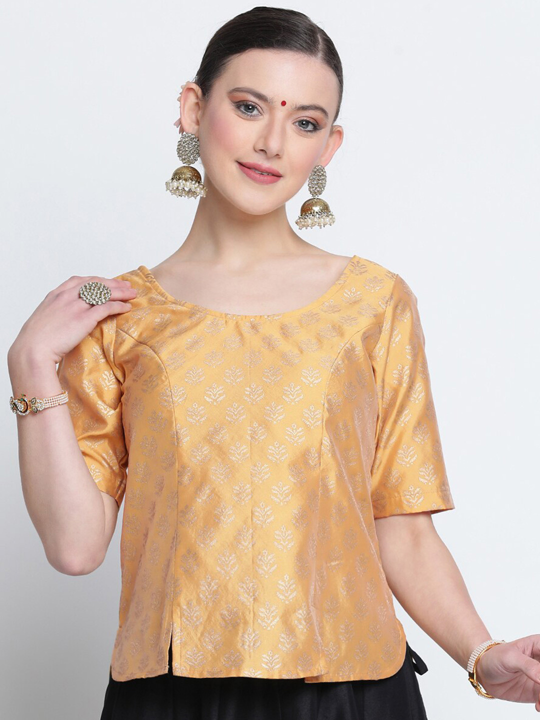 Buy Studio Rasa Round Neck Ethnic Motifs Printed Sheen Ethnic Top ...