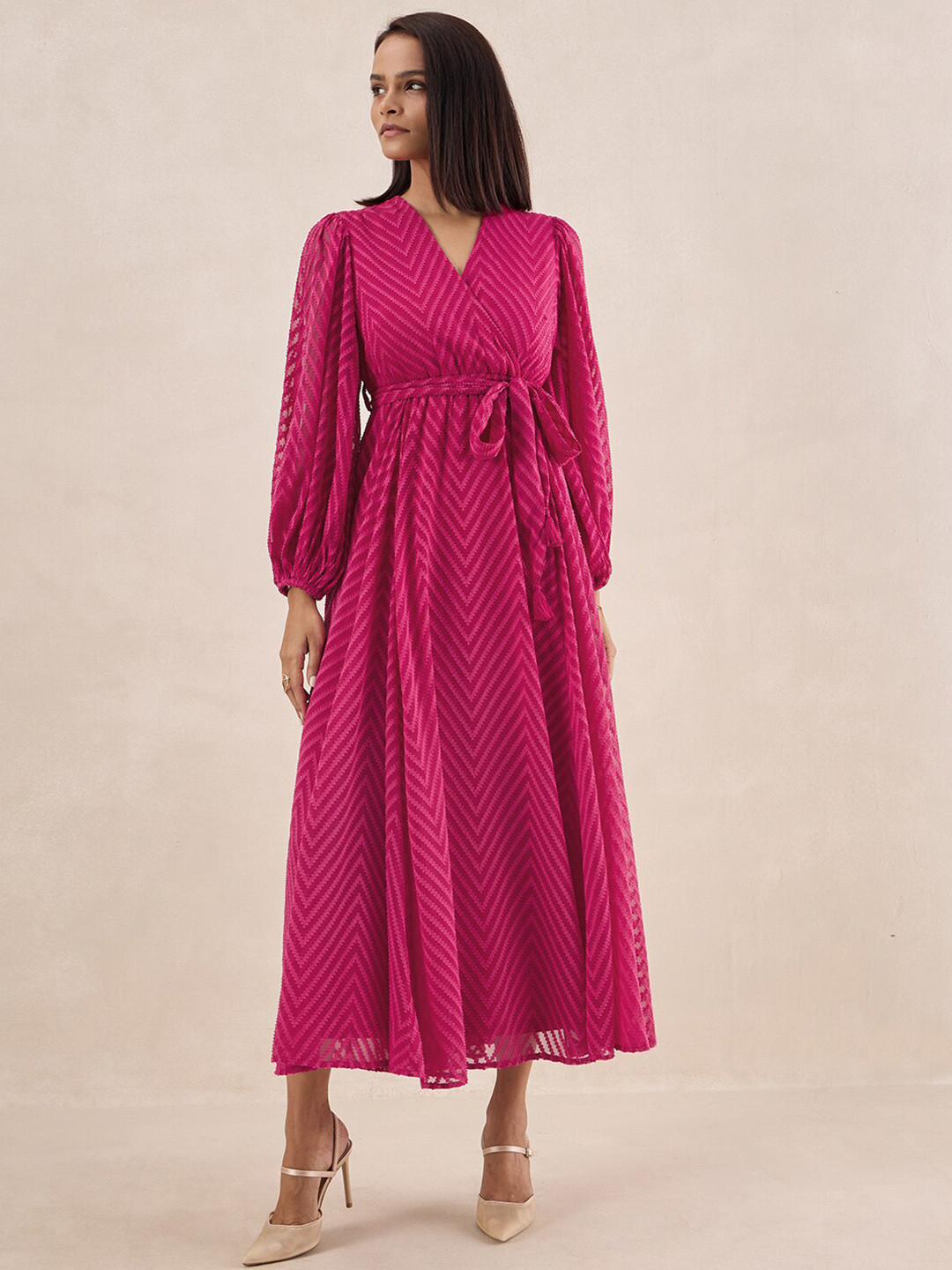 Buy FEMMELLA Geometric Self Design Puff Sleeves Gathered Detailed Dobby ...